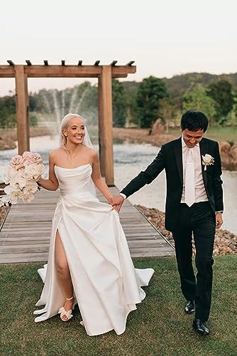 Strapless Wedding Dresses for Bride 2023 Simple Satin Wedding Dress with Slit Ivory Ball Gown for Women Size 14