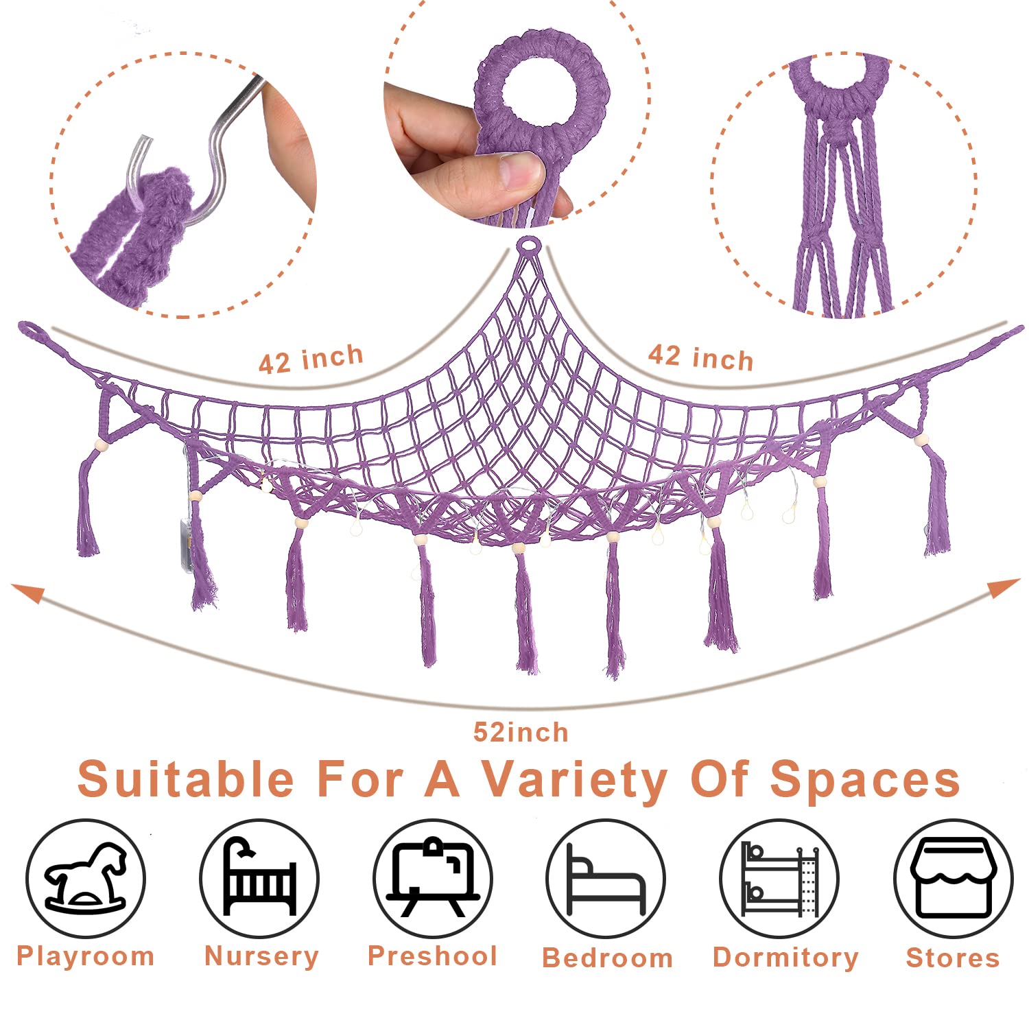 KOHUIJOO Stuffed Animal Net or Hammock Macrame Toy Hammock for Stuffed Animals With Lights Plush Toy Storage Hammock Corner Hanging Mesh Net Boho Nursery Organizer for Kidroom Playroom Purple
