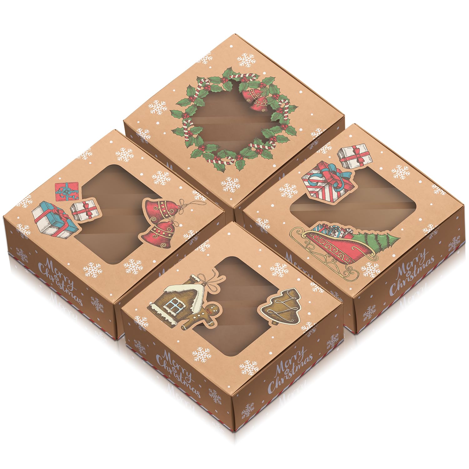 HeroFiber Christmas Cookie Boxes With Window and Lid (Gingerbread House & Santa Themed)