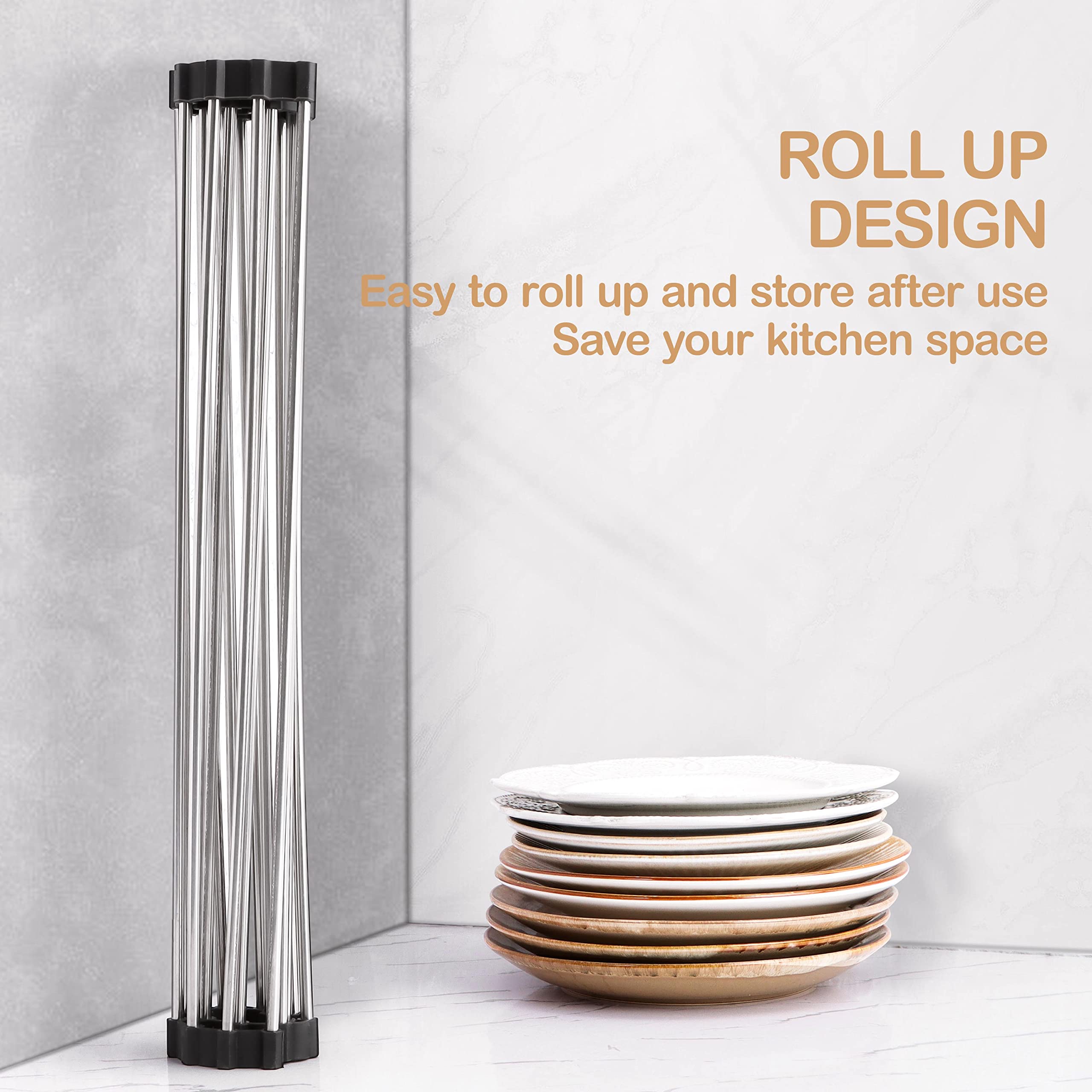 Herogo Roll Up Dish Drying Rack, Stainless Steel Over The Sink Dish Drying Rack for Kitchen Sink, Versatile Kitchen Sink Drying Rack for Kitchen Counter, 16.7” x 12”, Slide-Proof & Heat-Proof