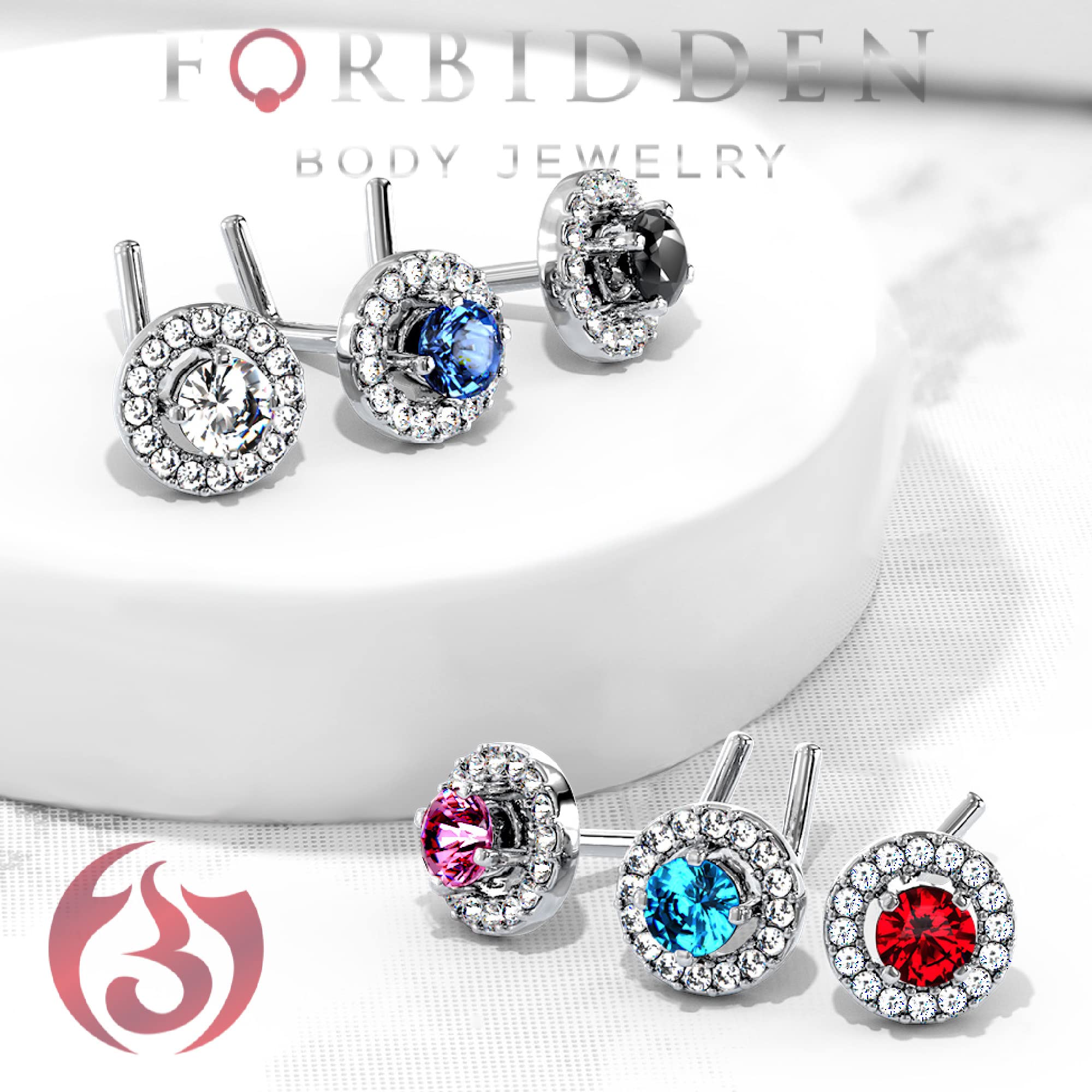 Forbidden Body Jewelry 20g Surgical Steel Fancy Double Tired Big 6mm CZ Halo L Shaped Nose Ring, Clear