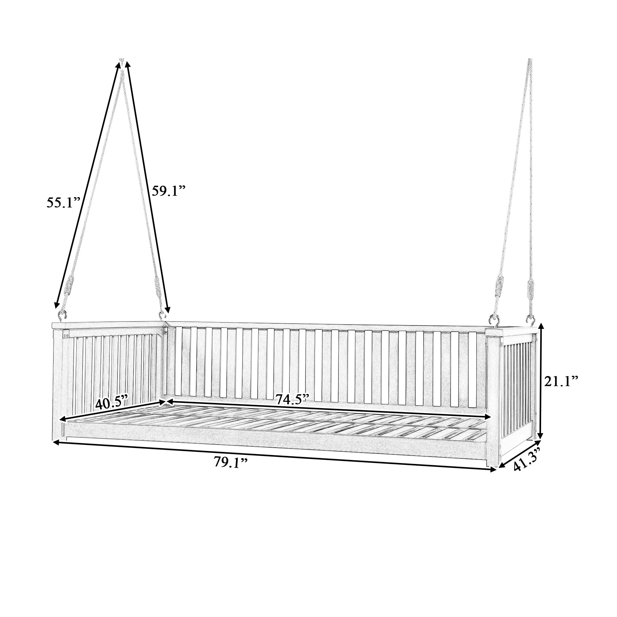 Patio Minimalist Twin Size Garden Swing Bed Wood Porch Swing with Ropes for Backyard, Safe Sloped Design (White)