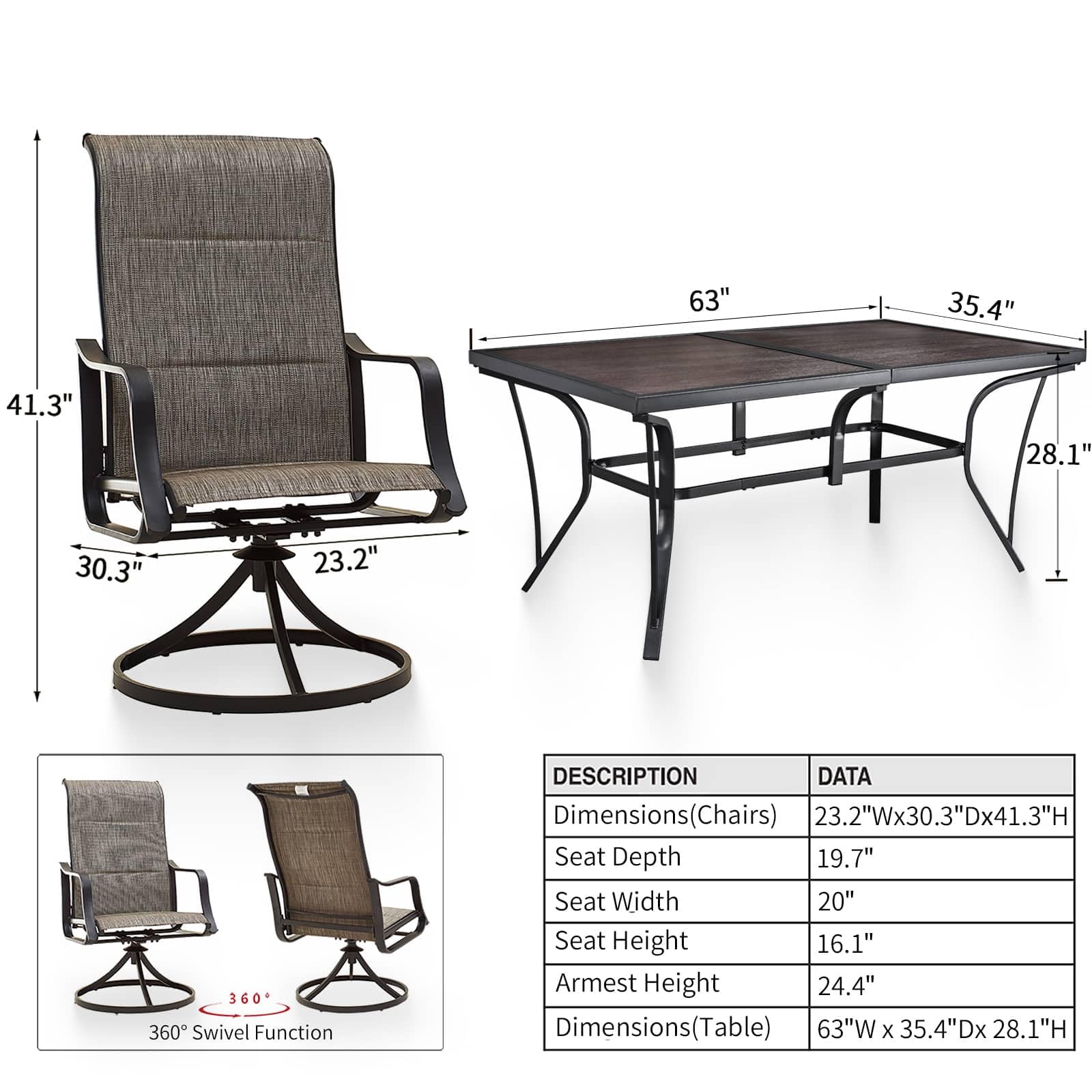 PatioFestival Patio Dining Set 7 Pieces Metal Outdoor Furniture Sets with Swivel Chairs Rectangular Outdoor Table (Grey)