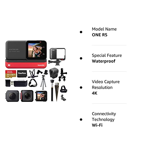 Insta360 ONE RS Twin Edition (360 Camera + 4K Wide Angle) + SanDisk 64GB SD Card + Monopod + Chest Strap + Head Strap + Bike Mount - Top Accessory Bundle