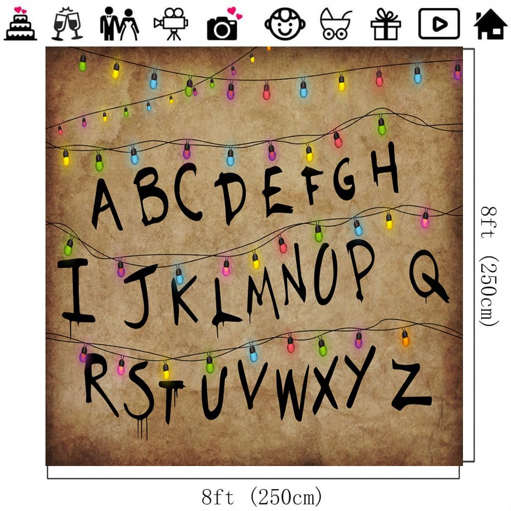 Lofaris Lofaris Stranger Backdrop Rustic Alphabet Colorful Lights Background Kids Birthday Baby Shower Party Decor Cake Table Banner Photo Booth Props Cake Table Banner 6x4ft