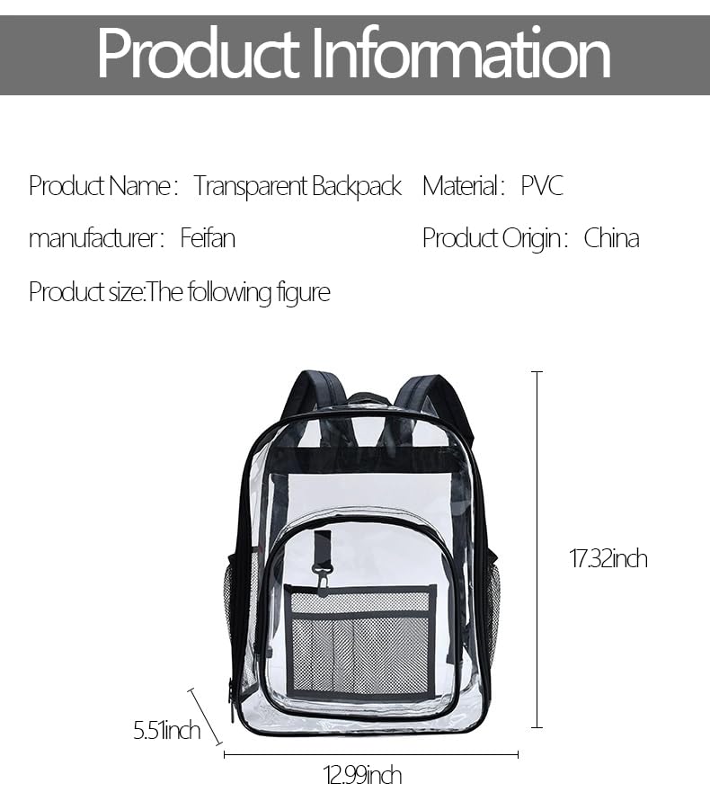 Fei Fan PVC fashion transparent backpack, heavy duty transparent backpack XL, men, women, daily life, work, travel. (Black)
