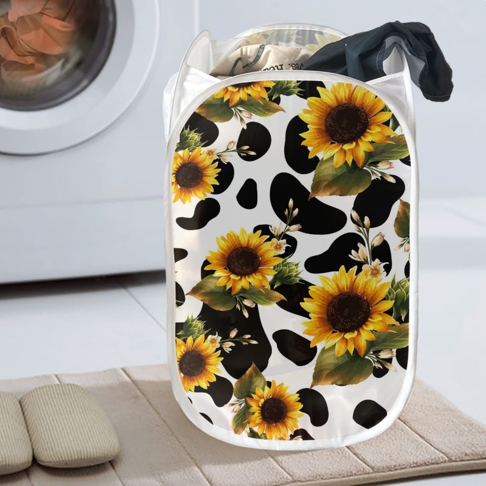 NRBEAWD Cow Sunflowers Collapsible Laundry Storage Durable Cloth Hamper Storage Bin