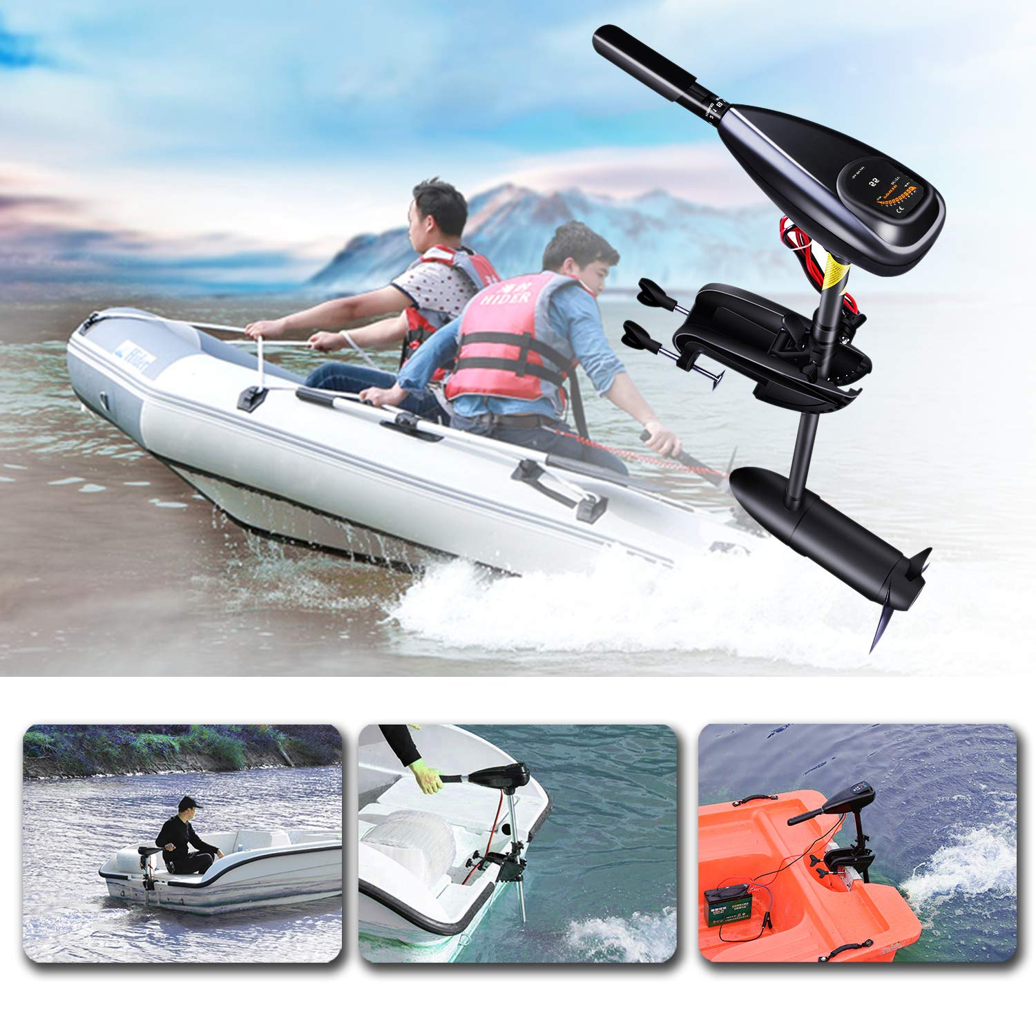 FULLWATT Trolling Motor 46/55 LBS Thrust Transom Mounted 8 Speed with Adjustable Handle for Fishing Boats Freshwater and Saltwater Use (46 LBS)