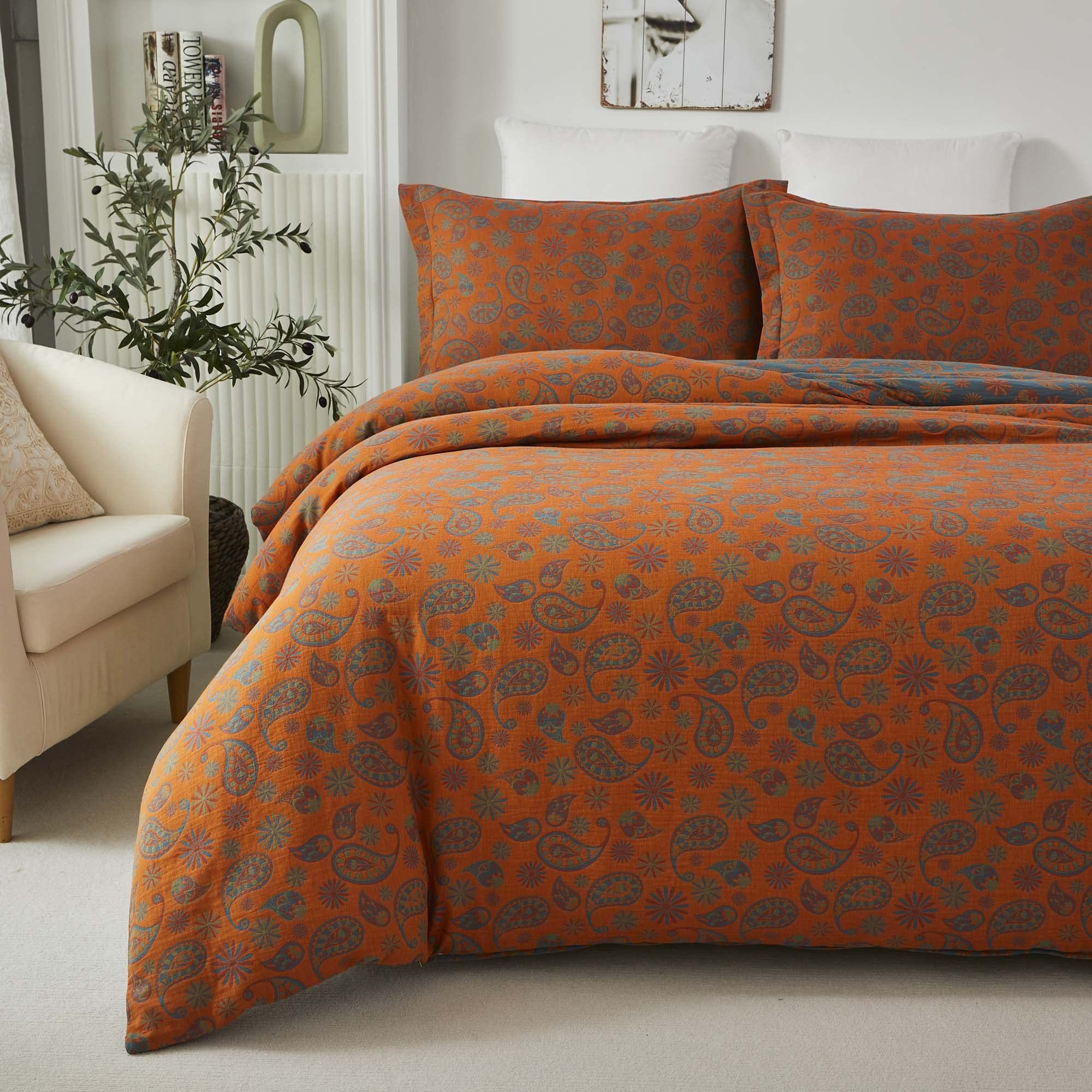Softta Vintage Paisley Pattern Bedding Set Queen Size 3Pcs Duvet Cover Set 100% Washed Cotton Double-Layer Yarn Washed Cotton Bedding Collection Blue & Orange