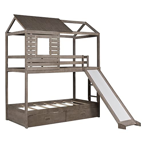 HYC Twin Over Twin Bunk Bed for Kids Toddlers, Wooden Bunk Bed with Slide and 2 Storage Drawers, House-Shaped Bunk Bed for Girls Boys,Gray