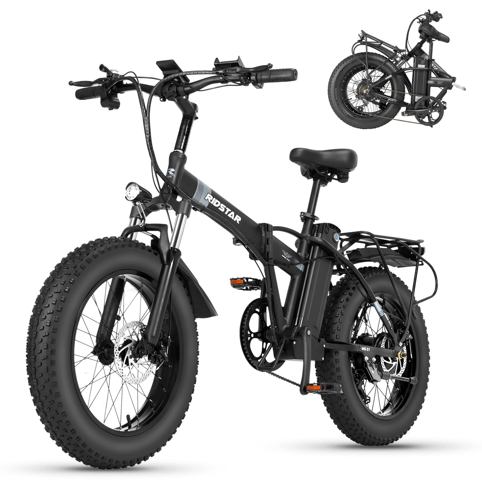 JSILAKOI Folding Electric Bike for Adults with 1000W Brushless Motor 48V 14AH Removable Lithium Battery 28MPH Shimano 7-Speed Foldable Ebike 20" x 4 Fat Tire Lockable Front Fork Suspension