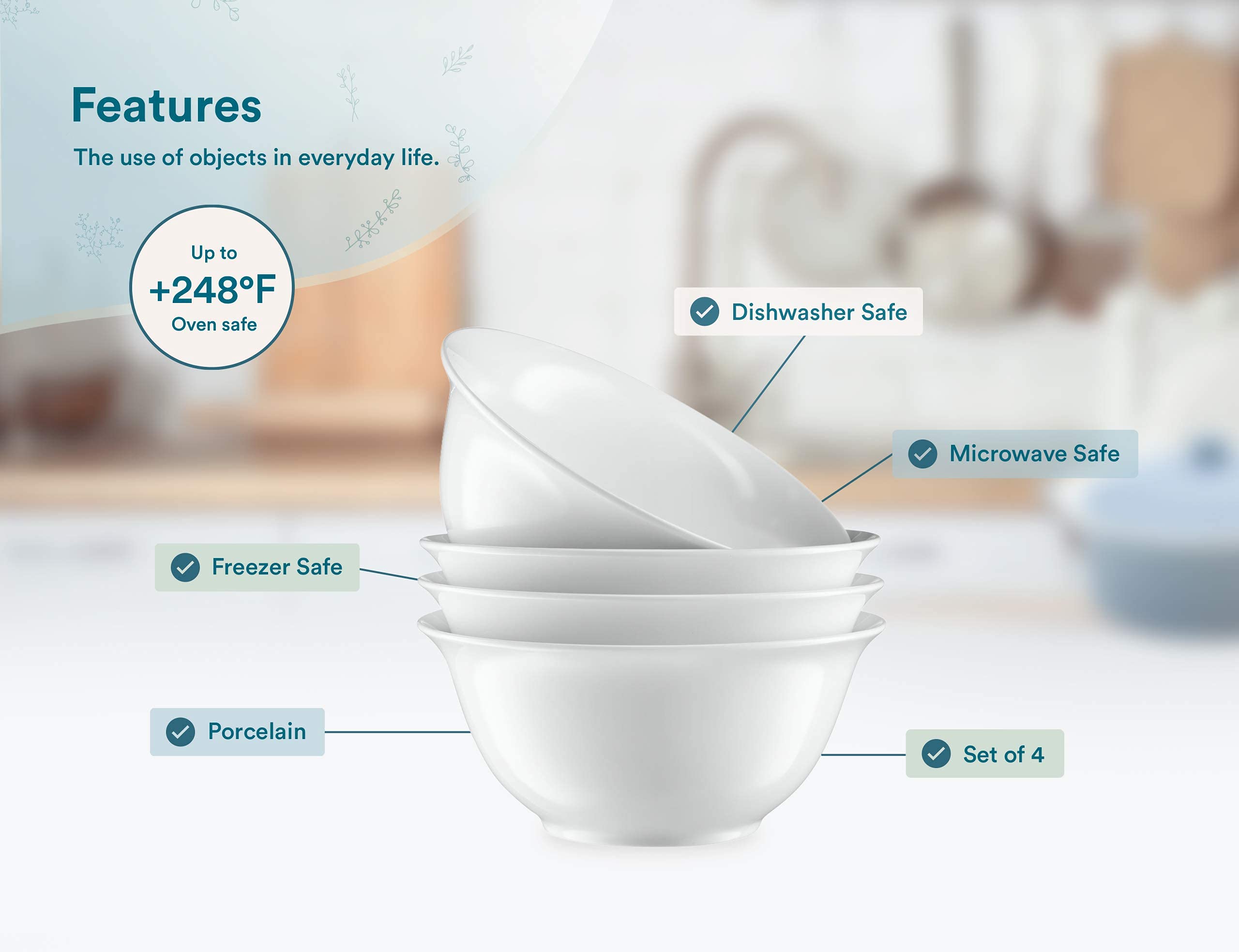 KooK 41 Oz Large Deep Bowls, Ceramic White Bowl for Noodle, Ramen, Pasta, Cereal, Fruit Porcelain kitchen, Microwave and Dishwasher Safe, 7.5 Inches, Set of 4,
