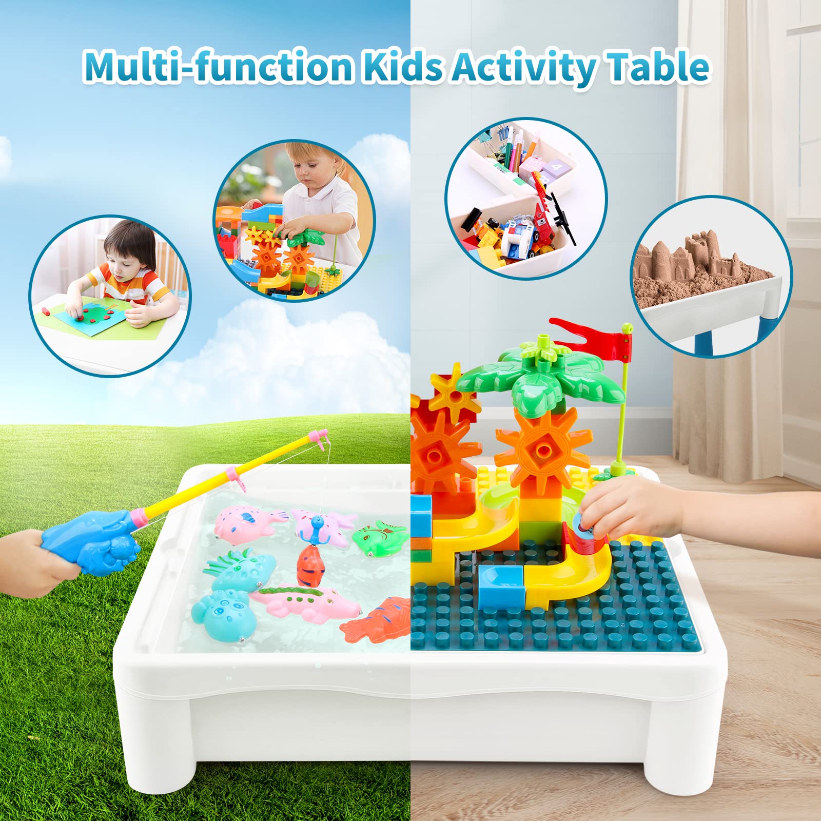 JONEALA Double Sided Kids Activity Table Set, 5-in-1 Multi Play Sand Water Table Toys, 105pcs Marble Run Building Blocks Table for Toddlers Age 1 2 3 Boys Girls, Toy Storage & Adjustable Heighten