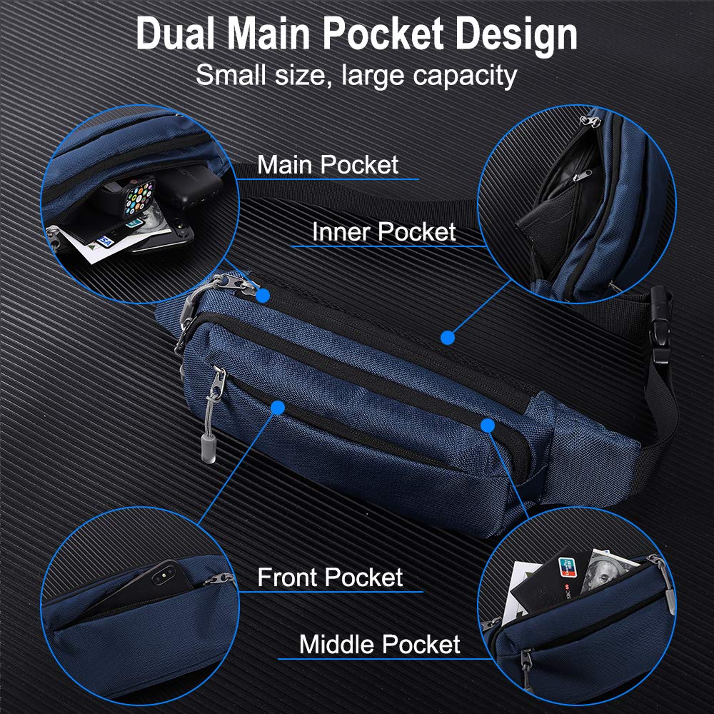Functional Mens Fanny Pack Wasit Bag With Triple Pockets Design Adjustable Large Size Belt Water-Resistant For Men Women Running Workout Hiking Travel