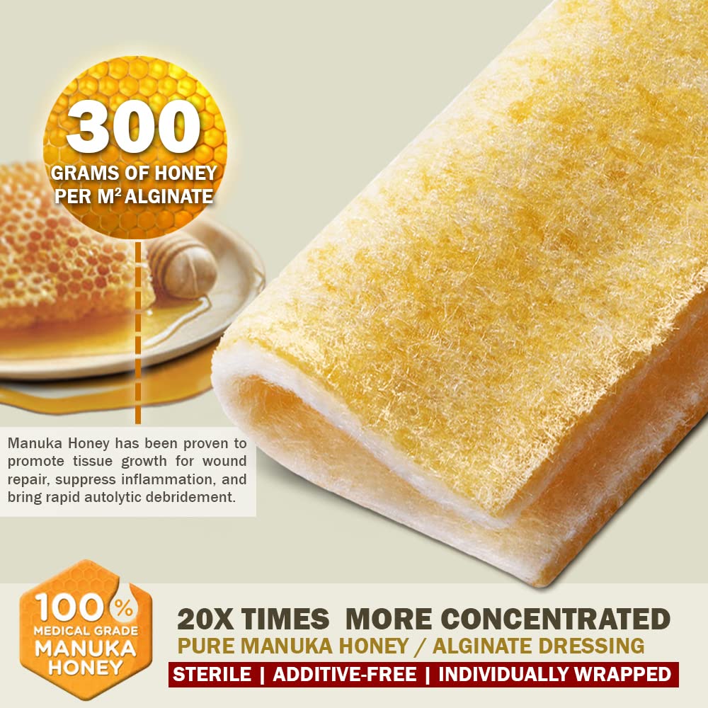 EVERLIT Honey Calcium Alginate Dressing 2” x 2” Pack of 10 | Sterile, Highly Absorbent Dressing With Pure Manuka Honey | Advanced Wound Care For Cuts, Skin Tears, Burns, Pressure Sores, Diabetic Ulcer