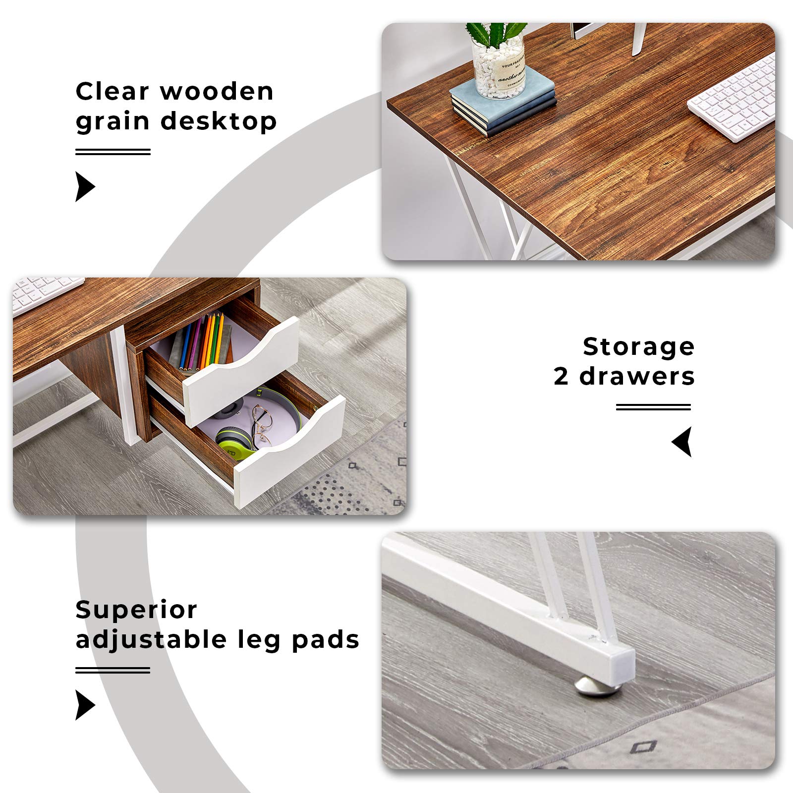 GreenForest Small Computer Office Desk with Drawers 47.2" Home Vanity Table with Double X Legs for Small Space Writing Study Desk Saving Space Pc Workstation Laptop Table, Walnut