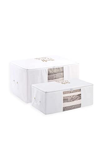 STUFF & THINGS 2 Pack PVC Storage Bags for Bedroom, Clothes and Blanket Organizer, Double Zipper Organization Bag, Foldable Fabric Boxes Laundry Room, Large Capacity Comforter Bag (2 White)