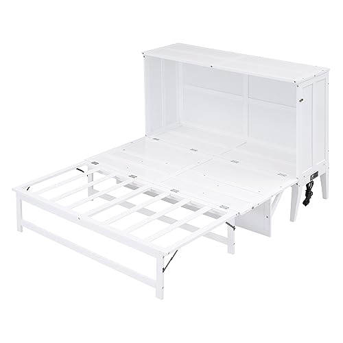 FANYE Space Saving Size Cube Built-in Charging Station and Shelf, Foldable Murphy Bed for Multipurpose Guest Room or Home Office, No Box Spring Required Easy Assembly, White Queen