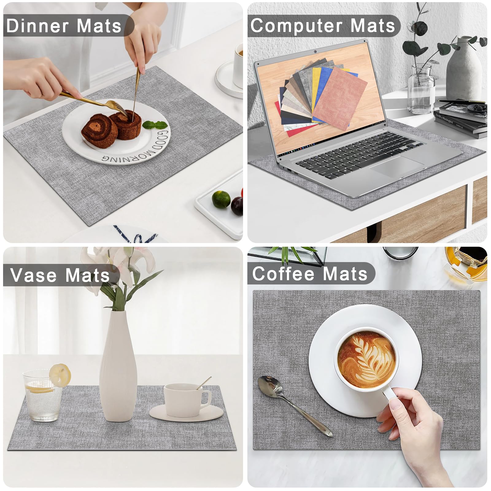 Homaxy Faux Leather Heat Resistant Placemats for Dining Table Set of 6, Waterproof Wipeable Washable PU Table Mats, Easy to Clean Anti-Slip Place Mats, 11.8" x 17", Light Grey