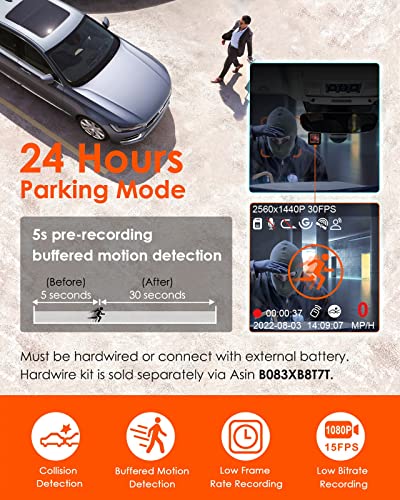 Vantrue E1 2.7K WiFi GPS Mini Dash Cam 1944P Voice Control 1.54" LCD Front Red Car Camera with Free APP, Night Vision, 24 Hours Buffered Motion Parking Mode, Wireless Controller, Support 512GB Max