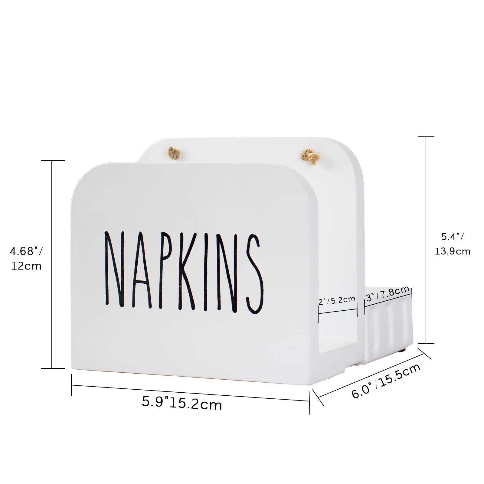 Karisky Rustic Napkin Holder with Salt and Pepper Shakers Holder, Boho 2-in-1 Solid Real Wood and Metal Napkin Caddy with Non-Slip Base for Tables, Kitchen Countertop, White