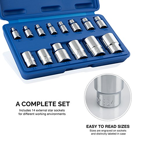 NEIKO 04300A E-Torx Socket Set, 14 Piece, External Torx Socket, E4 to E24, 1/4”, 3/8” and 1/2” Drive, Female Star External Torx, Inverted Torx Socket Set, Cr-V Steel