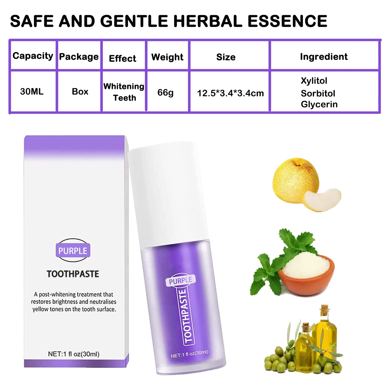 Purple Toothpaste for Extra Teeth Whitening, Stain Removal, Purple Tooth Gel Suitable for Sensitive Teeth and Gum Repair