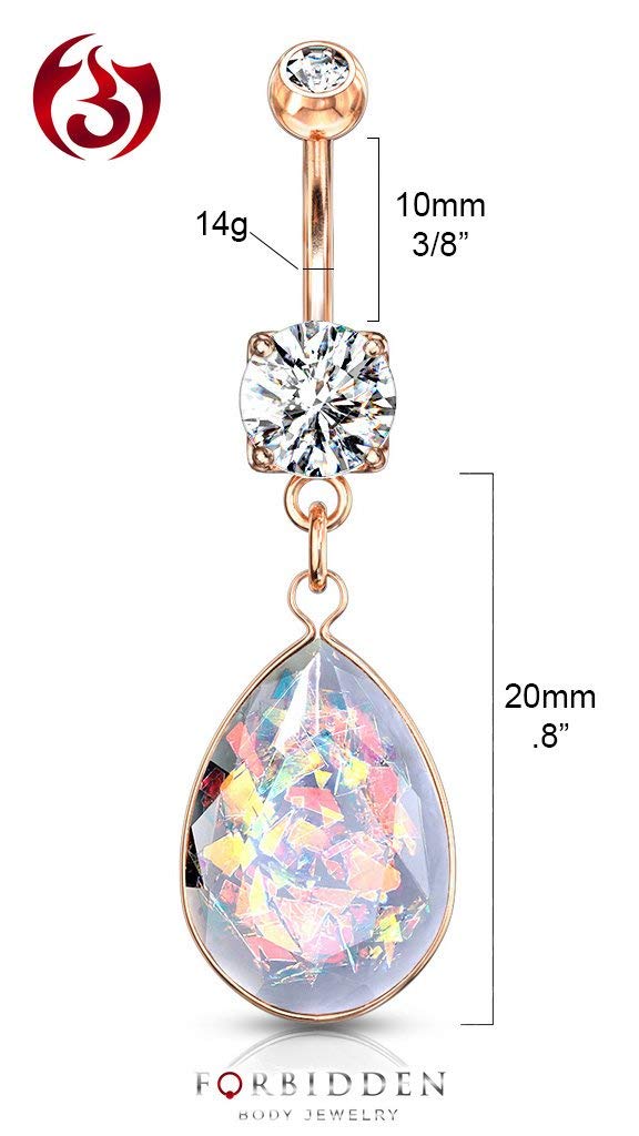 Forbidden Body Jewelry Surgical Steel CZ Dangle Belly Button Ring with Teardrop Rainbow Glitter Opalite, Rose Gold Tone