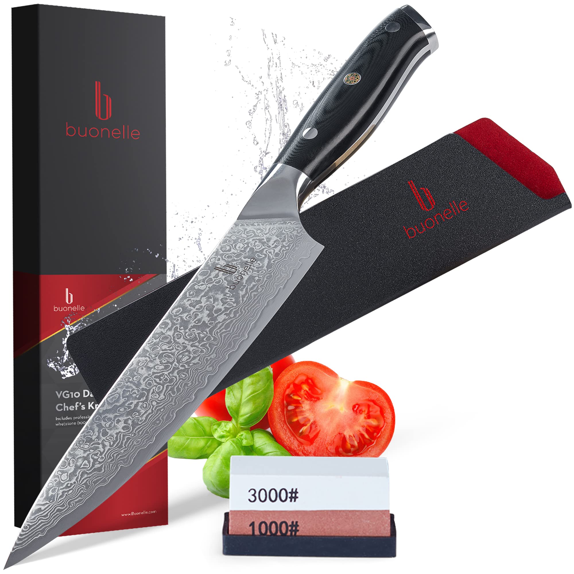 Japanese Damascus Chef Knife with Whetstone Sharpener β 8 inch Professional VG10 Chefs Knife β Full Tang Sharp Japanese Chef Knife with G10 Handle and Protective Sheath