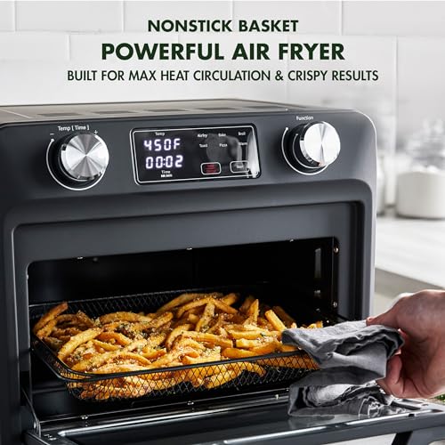 GreenPan Bistro Matte Black 9-in-1 Air Fry Oven, Nonstick Baking Pan, Stainless Steel Rack, and Basket, Fast Heating, Multifunction Presets, Cool-Touch Handle, PFAS-Free, Easy Cleanup Crumb Tray