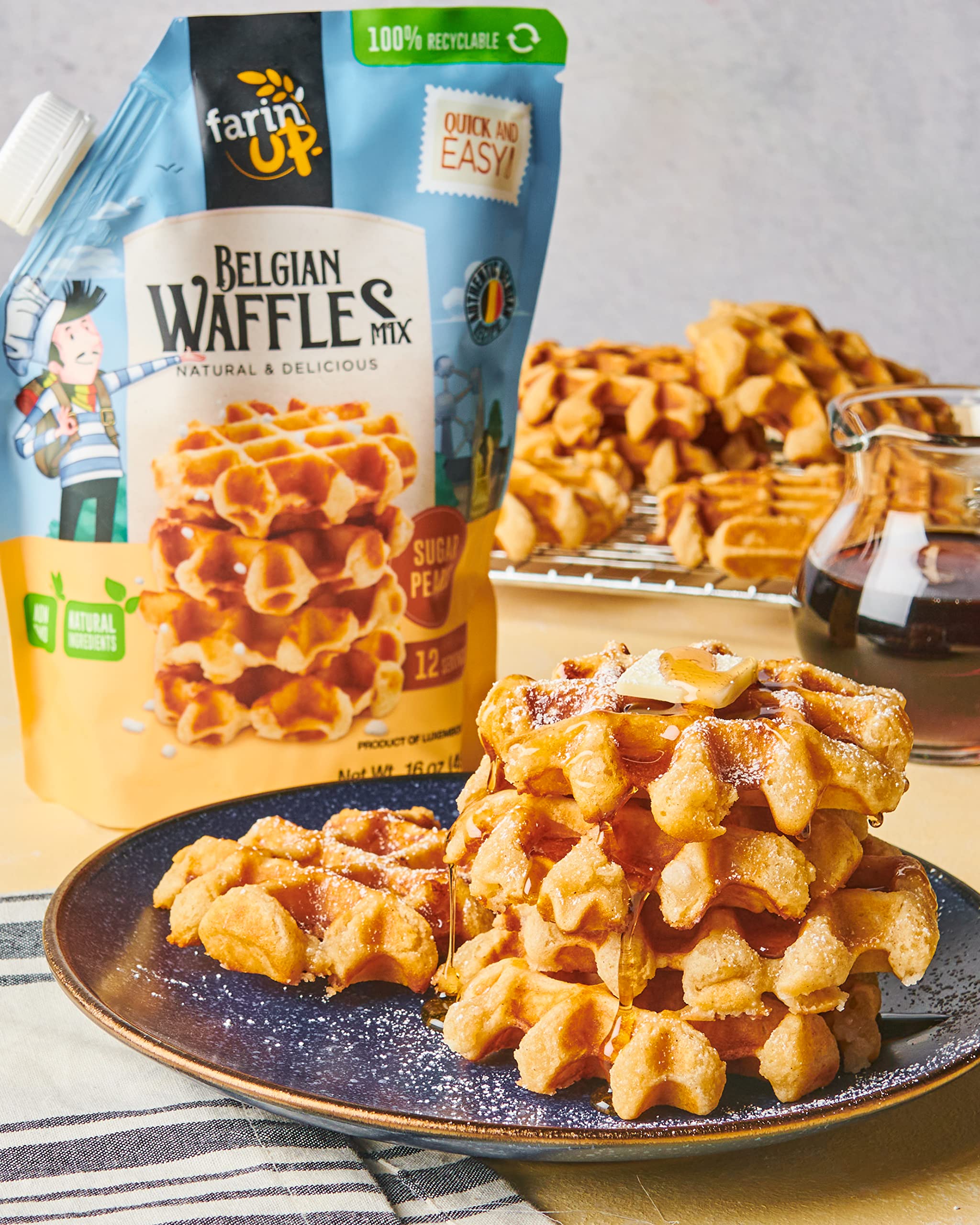 Farin'UP Belgian Waffle Mix with Pearl Sugar, 16oz | Resealable, No Mess Packaging (Pack of 1)