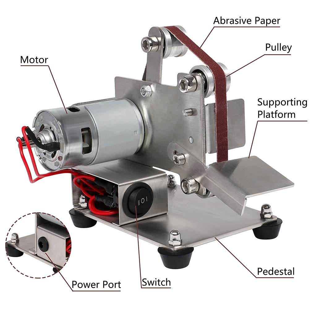 Mini Belt Sander Bench Metal Grinder Knife Making Small Electric Sharpening Machine with 10PCS Sanding Belt Tool Kit 7 Power Speed Polisher for DIY Wood Working Apex Edge Polishing Lijadora de Banda