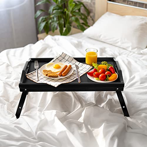 Mayyol Breakfast Bed Tray for Eating - Height Adjustable Raised Food Table - Bamboo Serving Tray on Lap Sofa - Portable Snack Platter with Folding Legs Ideal for Bedroom, Picnic - Black