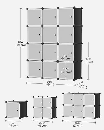 SONGMICS Cube Storage with Door, Set of 12 Plastic Cubes, Closet Storage Shelves, DIY Plastic Closet Cabinet, Modular Bookcase, Shelving with Doors for Bedroom, Living Room, Black and White ULPC34HV1