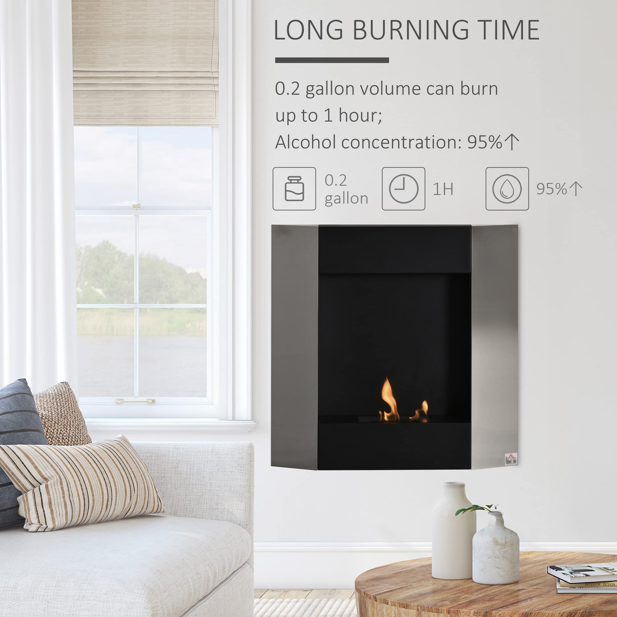HOMCOM Ethanol Fireplace, 28.25" Wall-Mount 0.2 Gal Stainless Steel 215 Sq. Ft., Burns up to 1 Hour, Silver/Black