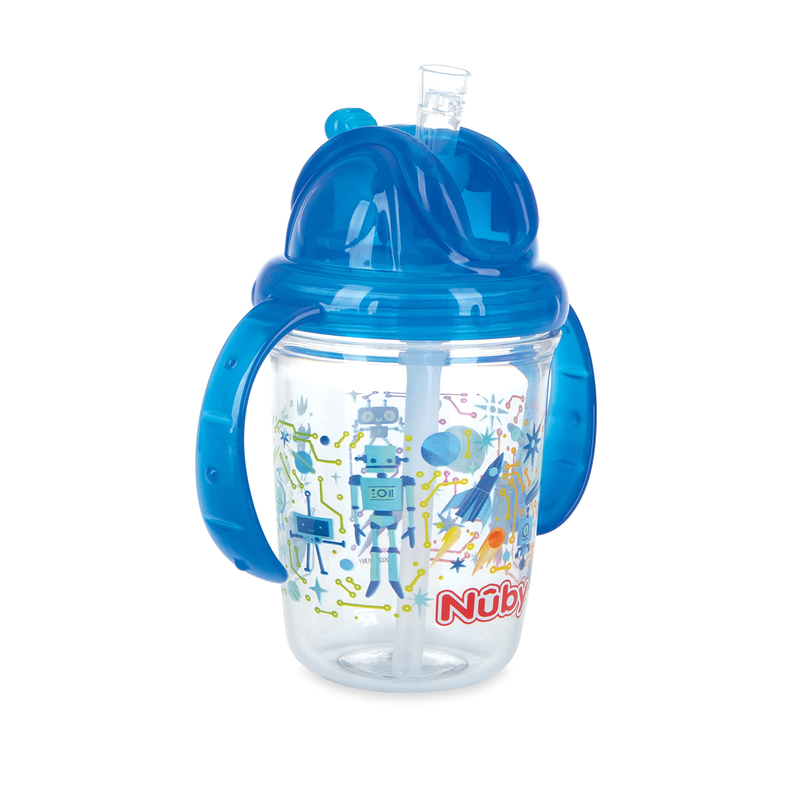 Nuby Tritan 2-Handle No-Spill Flip-it Fat Straw Printed Cup - 8oz/ 240 ml, 12+ Months, 1pk Prints May Vary