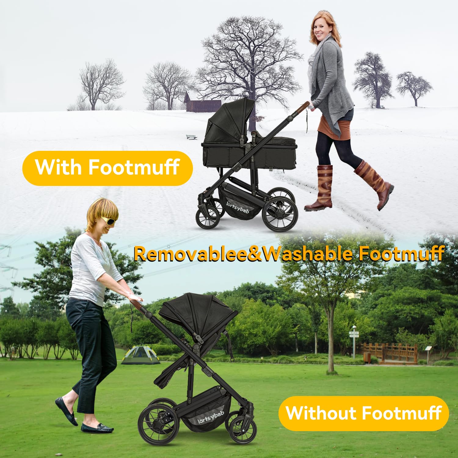 LORTSYBAB 2 in 1 Convertible Baby Stroller, High Landscape Infant Stroller w/Reversible Seat, Adjustable Backrest & Canopy, Newborn Reversible Bassinet Pram Strollers, Black
