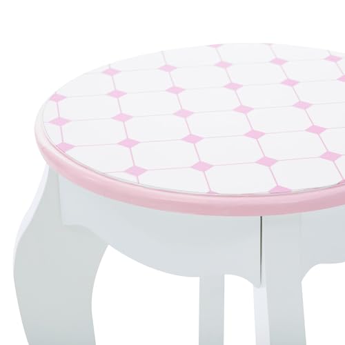 Teamson Kids Dreamland Princess Play Vanity Set with Mirror, Shelf, Storage Drawer, Stool, and Accessories for 12" Dolls, White an Pink