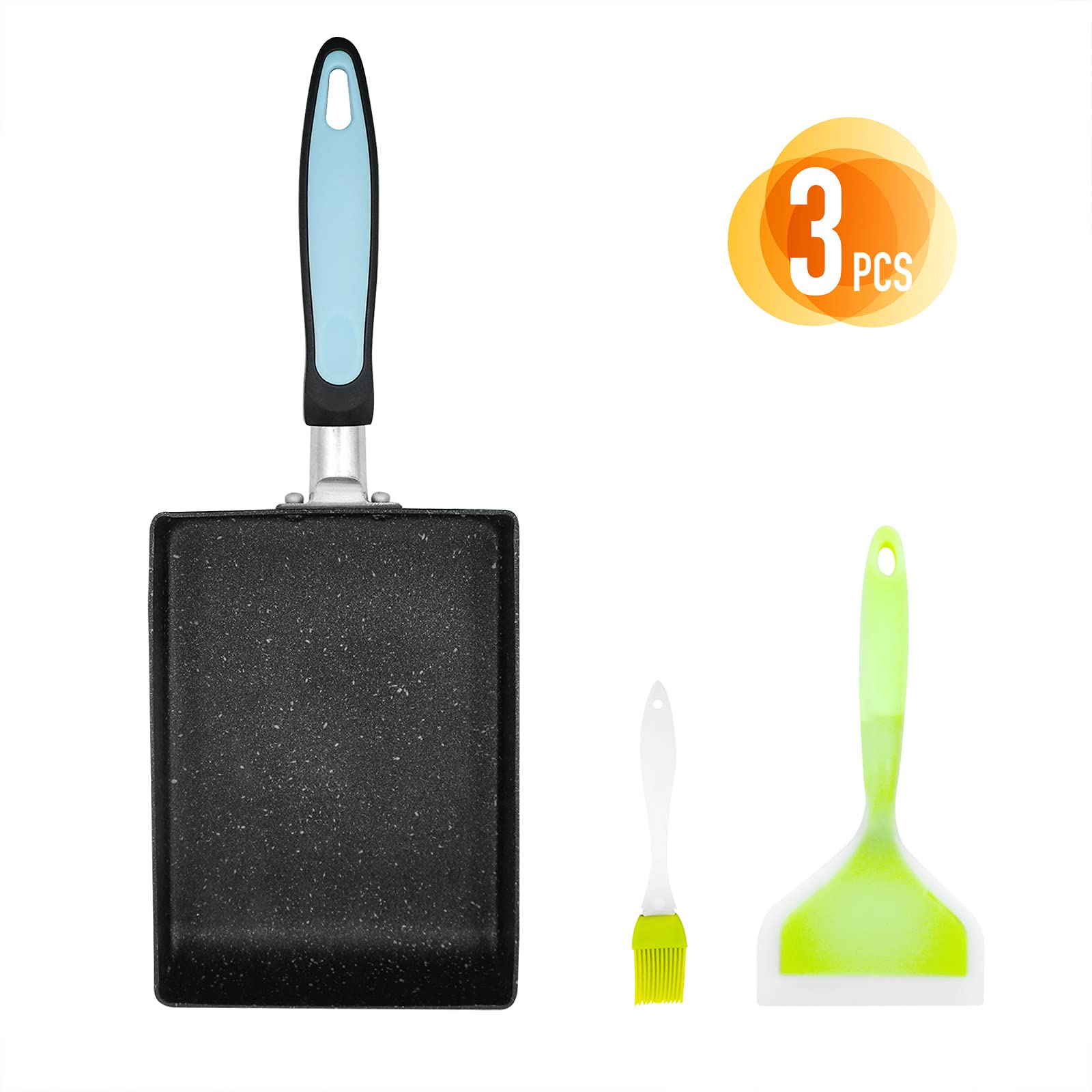 Japanese Tamagoyaki Omelette Egg Pan(blue), 7" x 6" inch Non-stick Coating Retangle Small Frying Pan, Gas Stove and Induction Hob Compatible, Dishwasher Safe, with Silicone Spatula & Brush(green)
