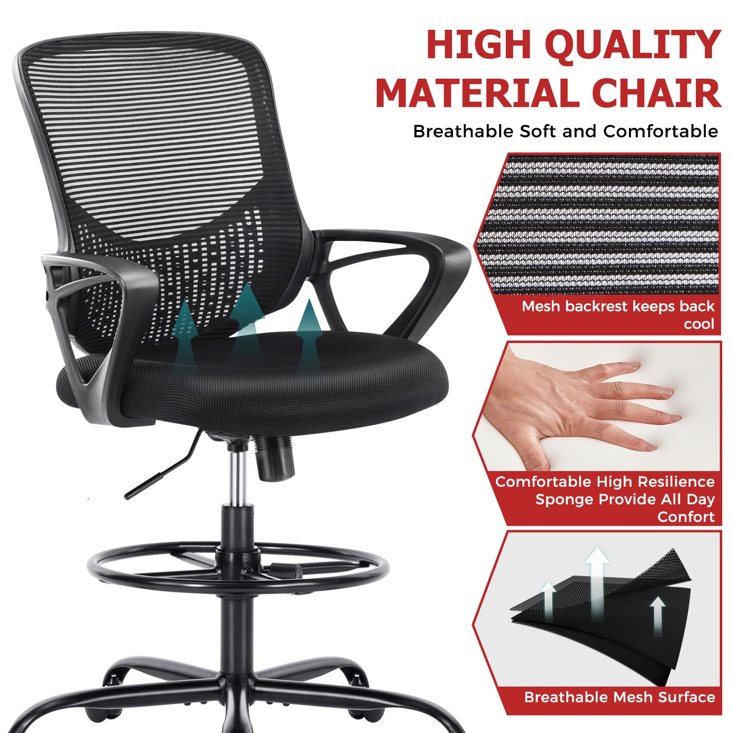 HOMEFLA Drafting, Tall Office, High Adjustable Ergonomic Mesh Computer Task Chairs with Lumbar Support, Armrests and Foot-Ring for Bar Height Desk, 28" D x 19" W x 47" H, Black