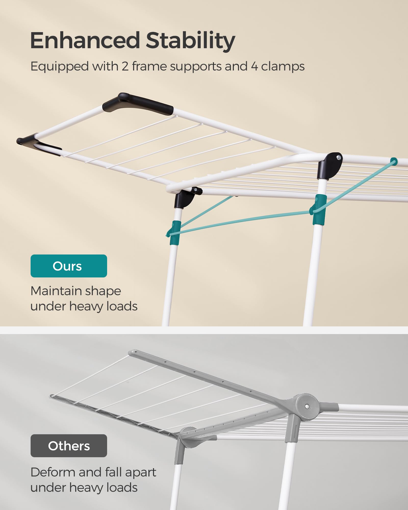 SONGMICS Clothes Drying Rack Foldable, Gullwing Laundry Drying Rack, Space-Saving, 22.2 x 68.1 x 38 Inches, Sock Clips, Metal Structure, for Clothes, Towels, Linens, Indoor, Outdoor White ULLR518W01