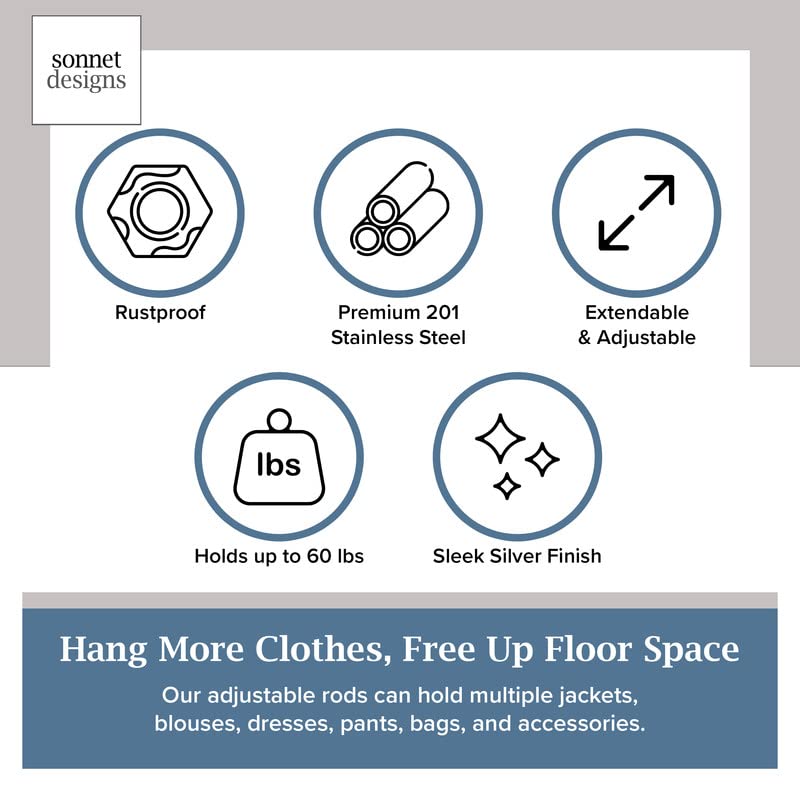 Sonnet Designs Adjustable Closet Rod - Closet Rods for Hanging Clothes, Wardrobe, Shower Pole, Kitchen, Windows, Rustproof Stainless Steel - 22.5 to 39.5β Closet Hanging Rod