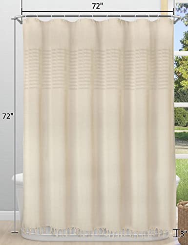 SUMGAR Cotton Shower Curtain Boho Farmhouse Shower Curtains for Bathroom with Tassels & Jacquard Striped Window, Beige Fabric Fringe Shower Curtain Set with Hooks, 72" x 72"