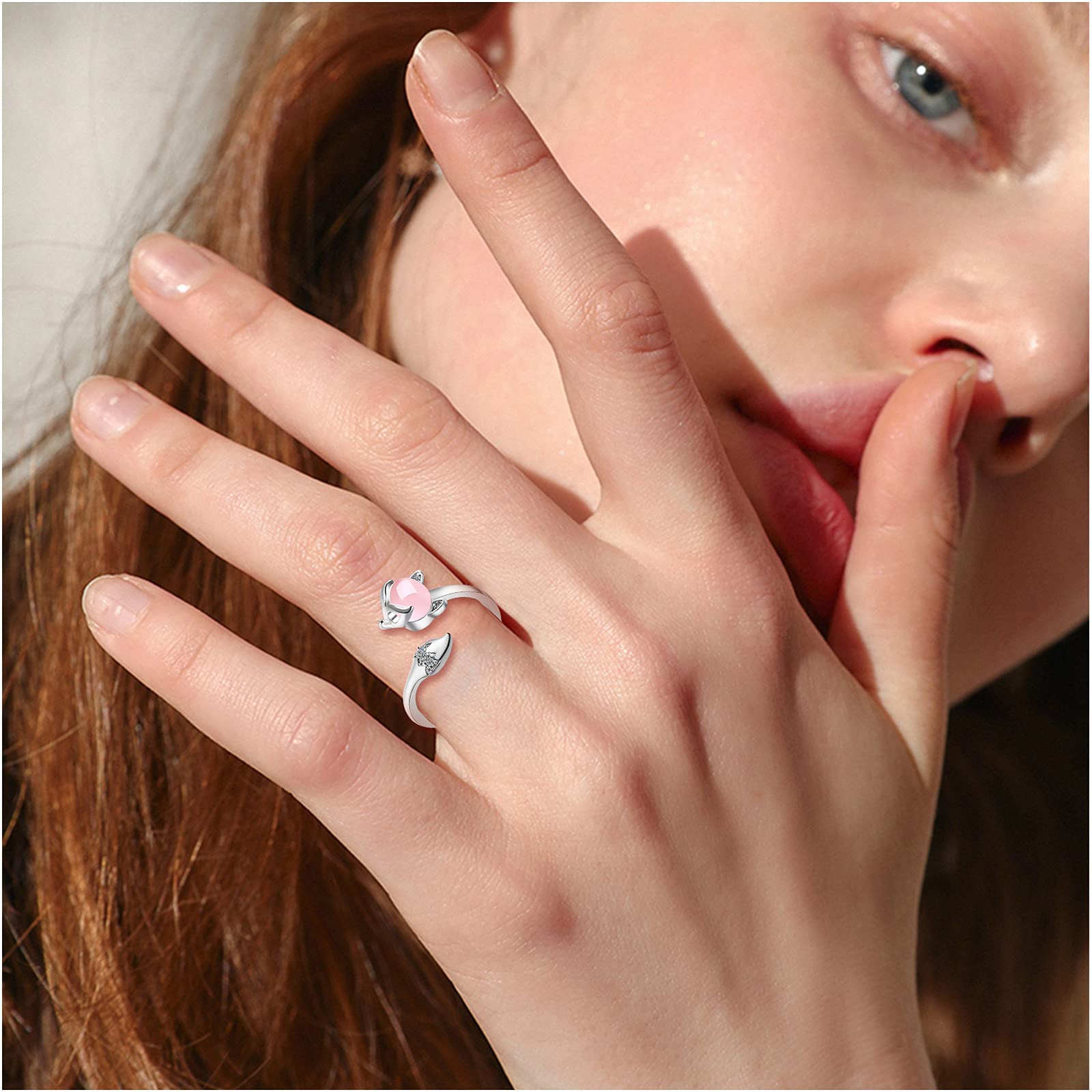 Fashion Inlaid Zircon Ring for Women Cute Fox Statement Ring Opening Ring (Silver, One Size)