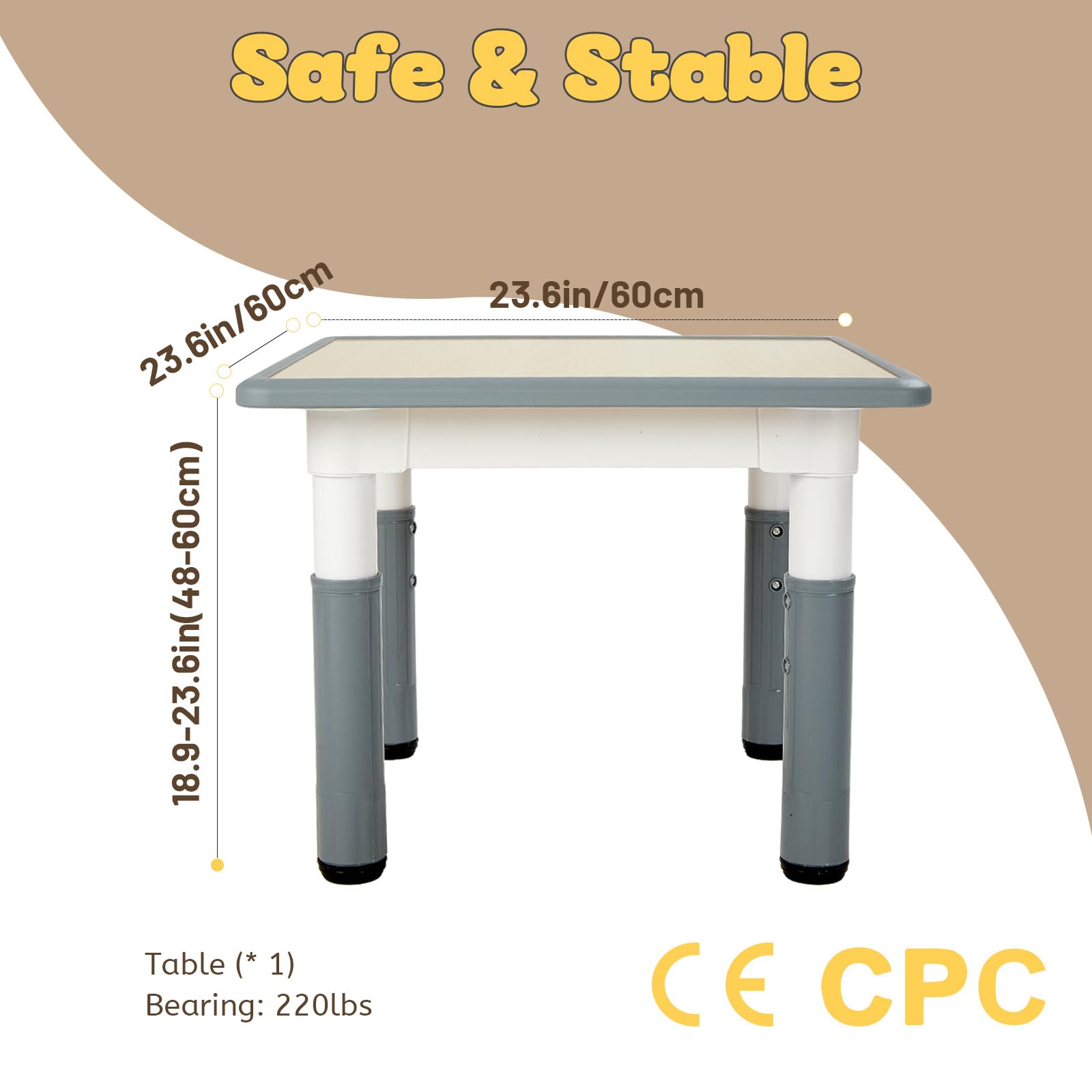 FUNLIO Kids Table and 2 Chairs Set for Ages 3-8, Height Adjustable Toddler Table and Chair Set, Easy to Wipe Arts & Crafts Table, for Classrooms/Daycares/Homes, CPC & CE Approved (3pcs Set) β Grey