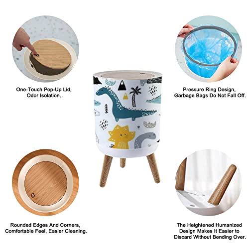 Nordic Style Trash Can - Childish seamless with hand drawn dino in scandinavian style Creative Push Top Trash Can with Lid - Scandinavian Modern Garbage Can - Round Trash Bin w/ Legs for Kitchen/Bathroom/Dog proof, 1.8 Gallon - 7L