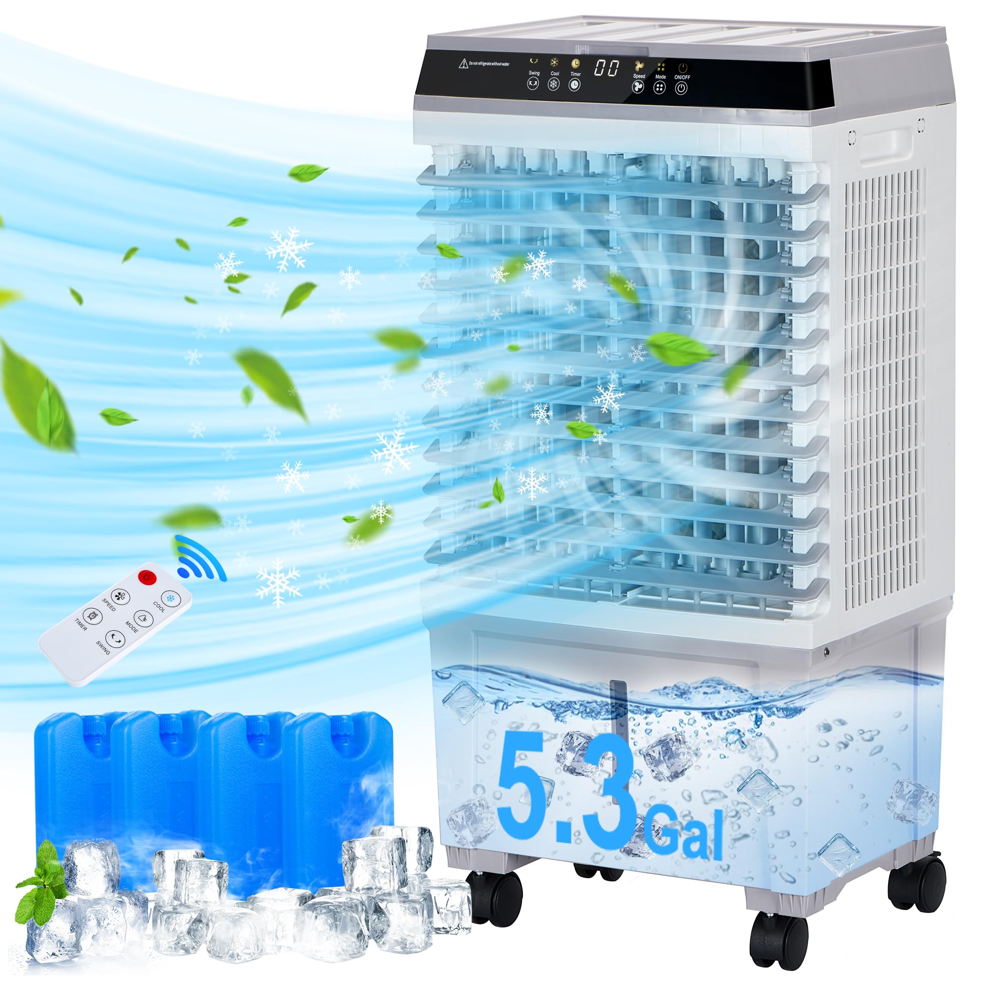 Landeagle Swamp Cooler, 1800CFM Evaporative Cooler with 5.3-Gal Water Tank, Cooling Fan with 3 Speeds, Remote Control, 12H Timer, Evaporative Air Cooler for Indoor Room Bedroom Use