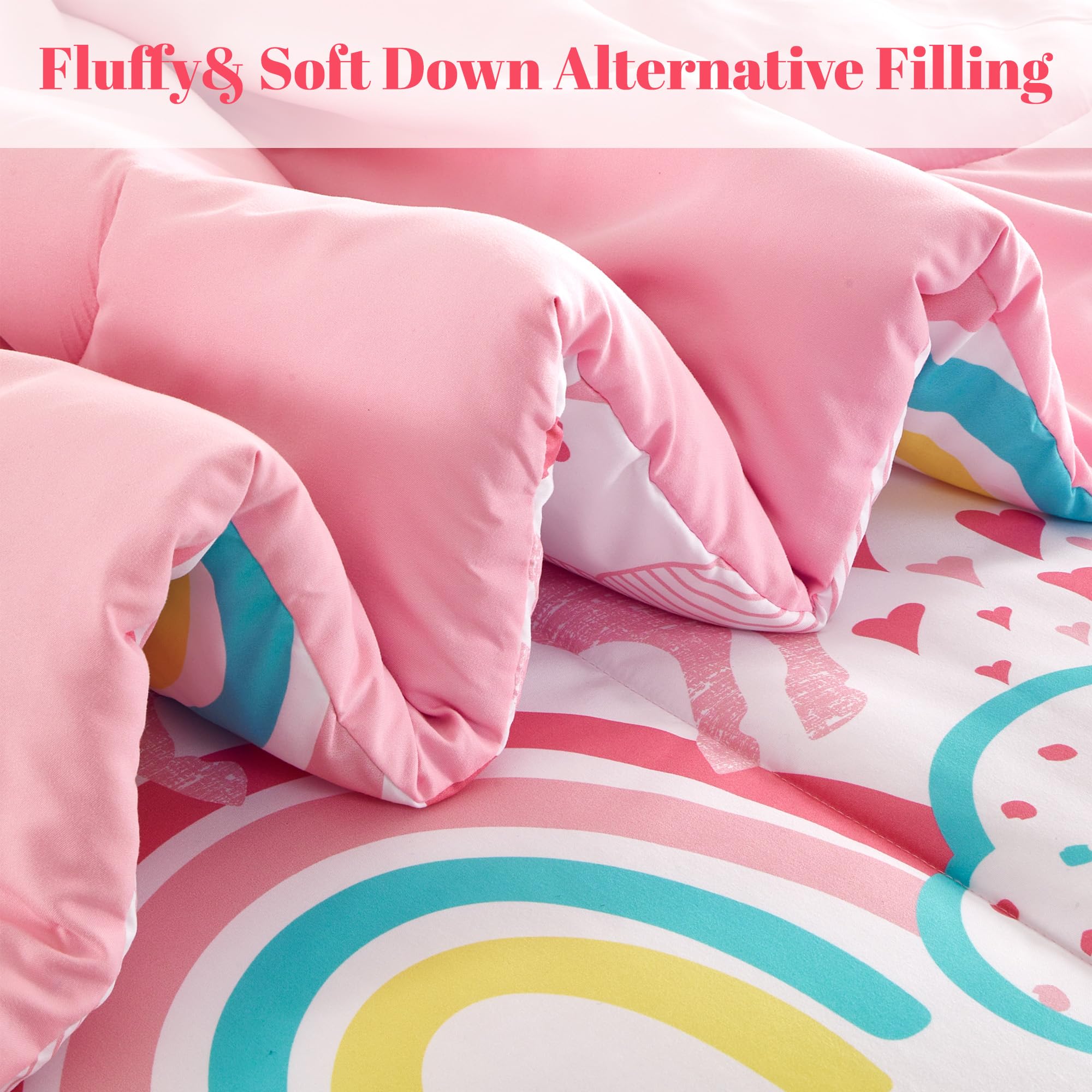Sonive Girls Twin Comforter Set, Breathable, 5 Pieces with 1 Comforter(66"x90"), 1 Fitted Sheet, 1 Flat Sheet, 1 Pillow Sham, 1 Pillowcase Gift Choice, Rainbow Unicorn