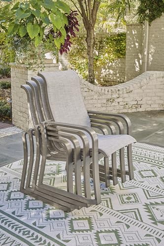 Signature Design by Ashley Beach Front Casual Outdoor Stackable Faux Leather Sling Arm Chair, Set of 4, Light Brown