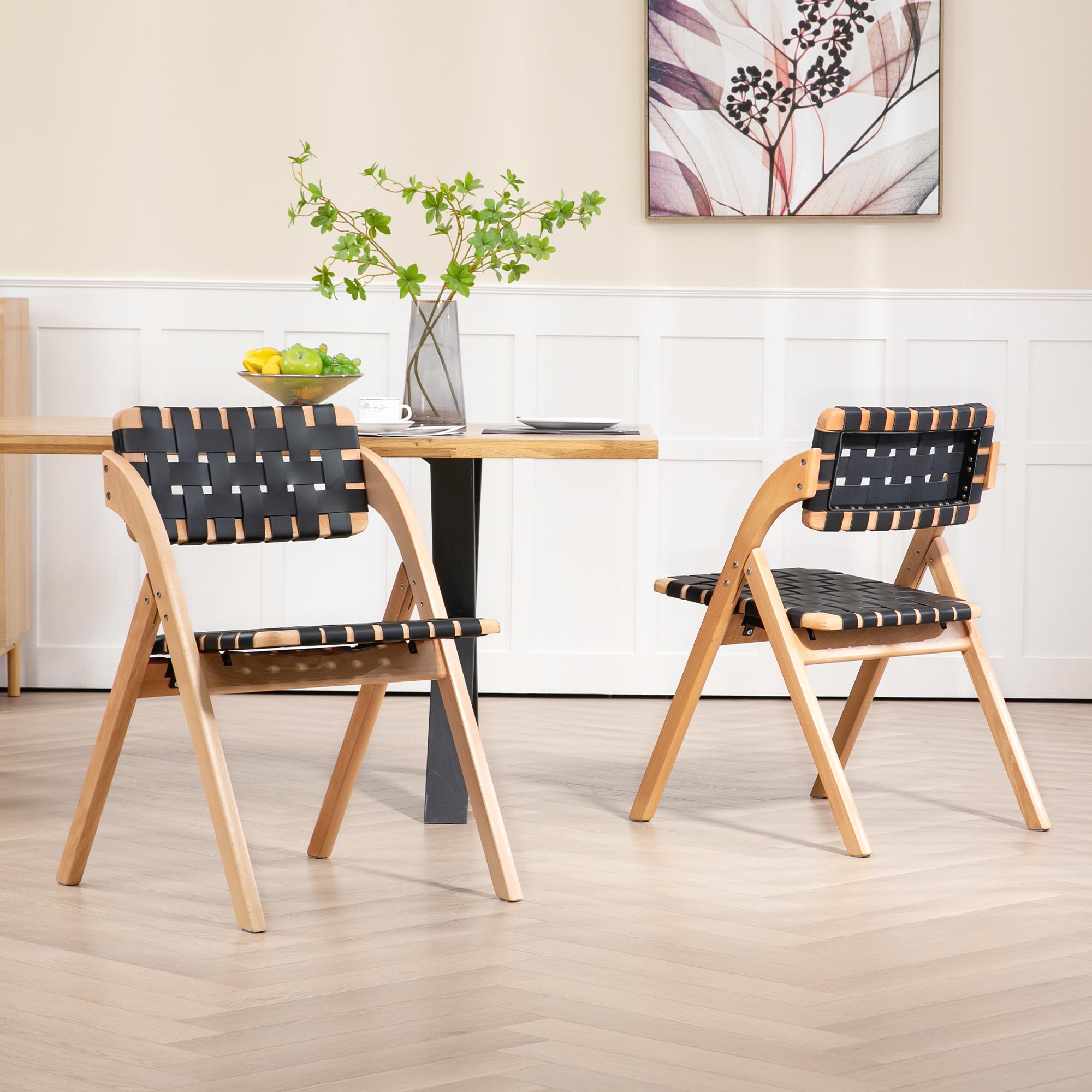 HOMEFUN PU Folding Chairs with Padded Seats, Wooden Stackable Dining Chairs Set of 2 Assembled Folding Extra Chair for Guests Kitchen Office Wedding
